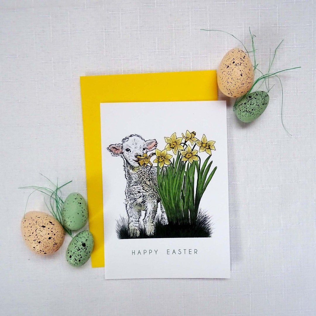 Baby Lamb Easter Card With Daffodils Little Sheep Greeting - Etsy