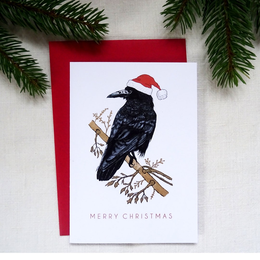 The Rook Bird Christmas Card With Santa Hat Merry Xmas Gift - Etsy