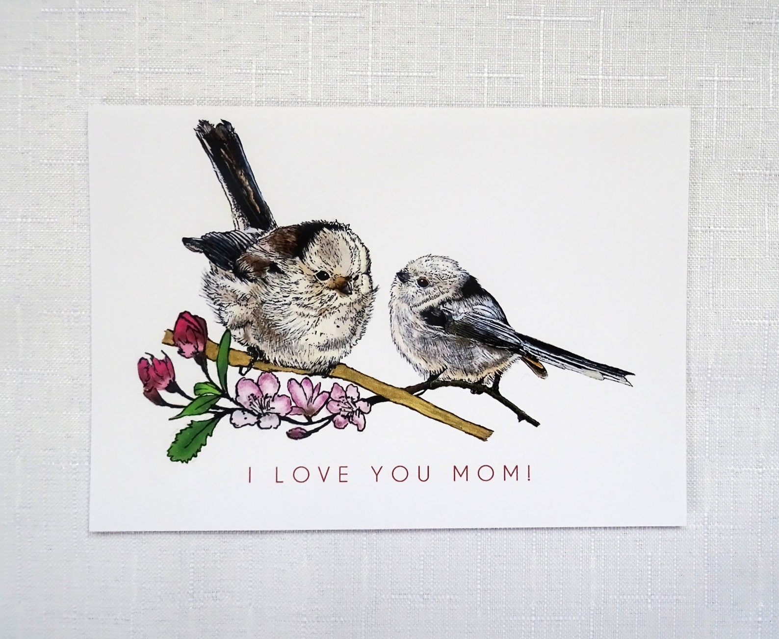 Long Tailed Tits Mother's Day Card, Bird Mama With Baby on Floral ...