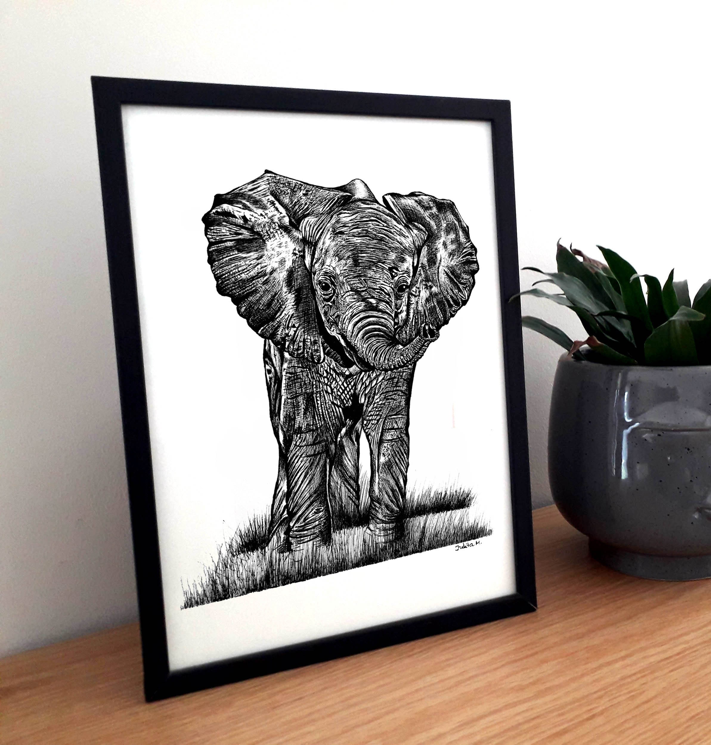Baby Elephant Original Drawing for Animal Lover, Wall Decor Vintage ...