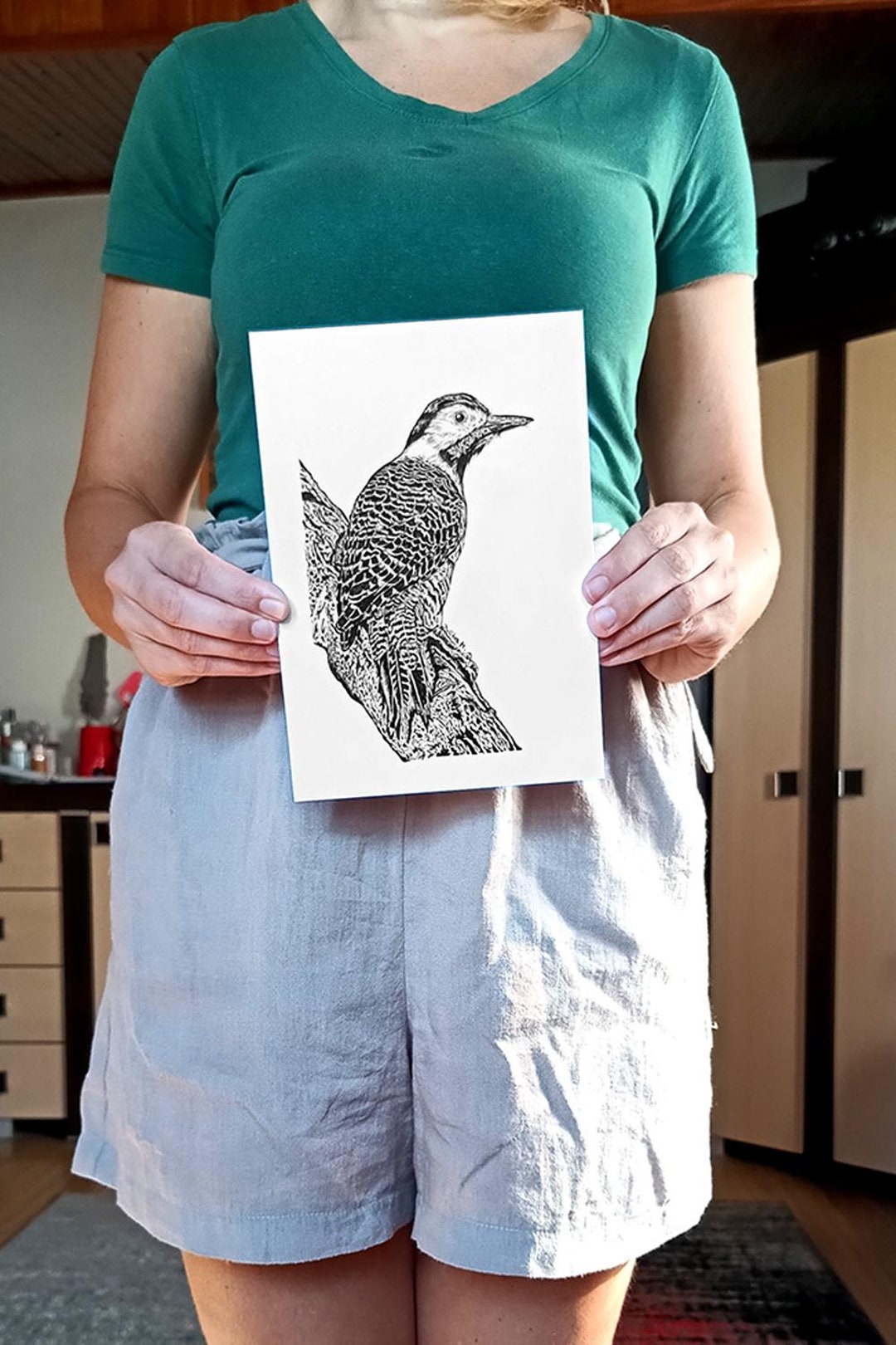 Woodpecker Original Drawing, Campo Flicker Art for Unique Home, Nature ...