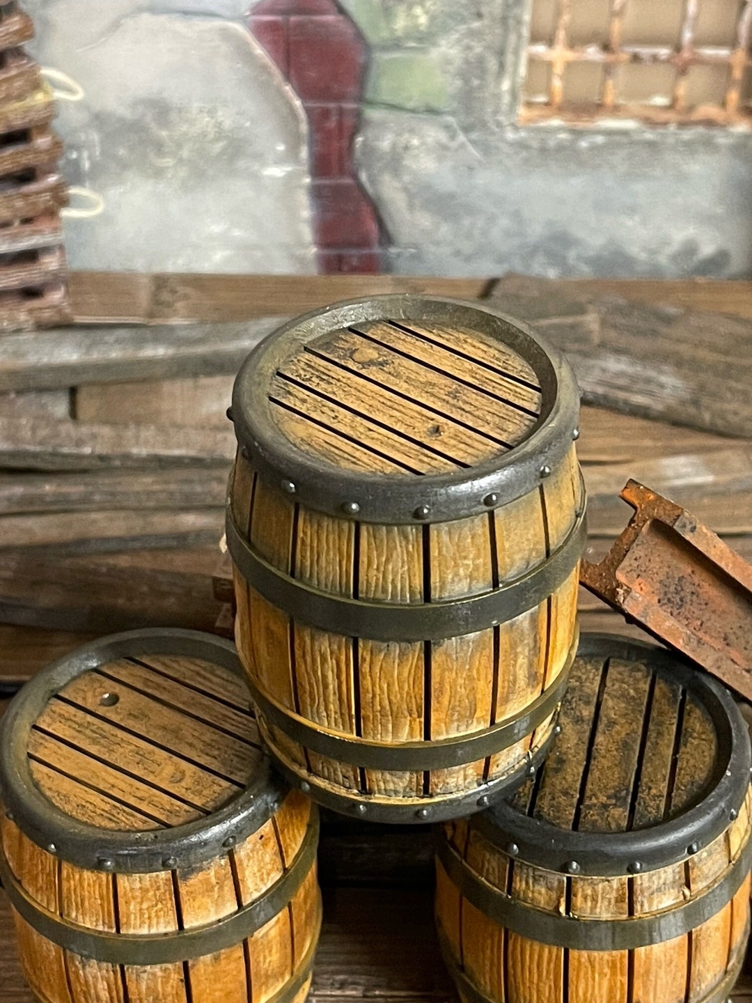 1:12 Scale Miniature Wooden Barrels Wood Grain Detailed Diorama ...