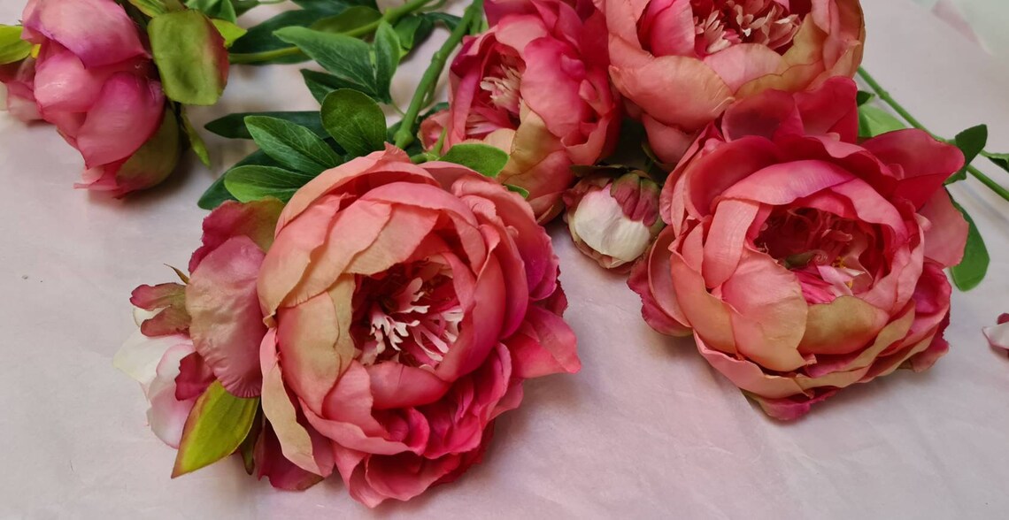 Vintage effect pink Peony stem. Faux floral peonies. | Etsy