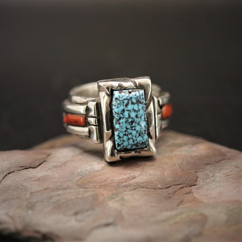 LARGE AND BEAUTIFUL Turquoise and Coral Ring - Etsy