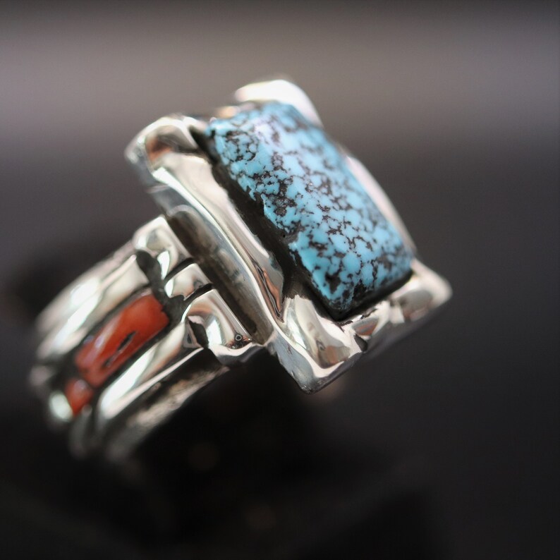 LARGE AND BEAUTIFUL Turquoise and Coral Ring - Etsy