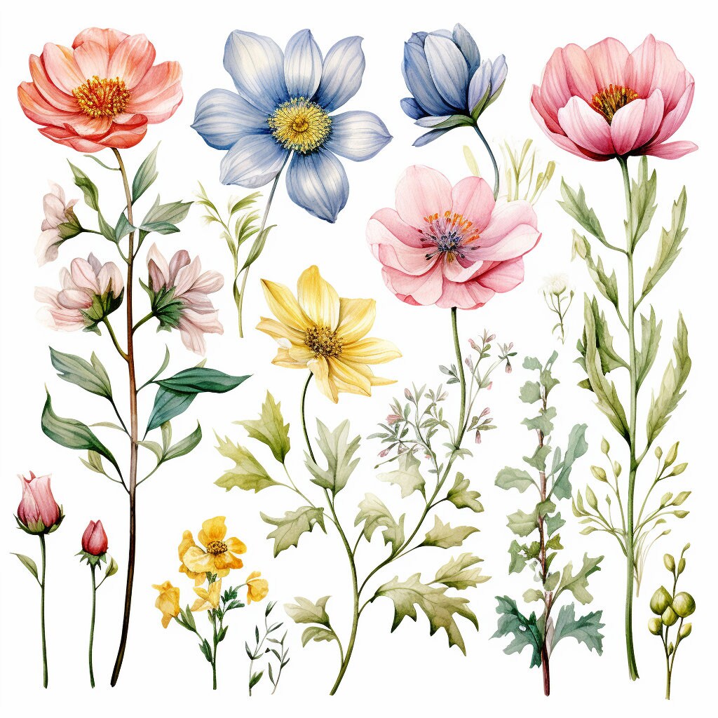 Blooming Flowers Clipart - Colorful Spring Floral Graphics - Digital ...