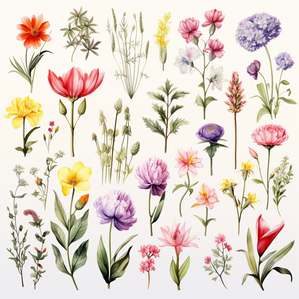 Blooming Flowers Clipart - Colorful Spring Floral Graphics - Digital ...