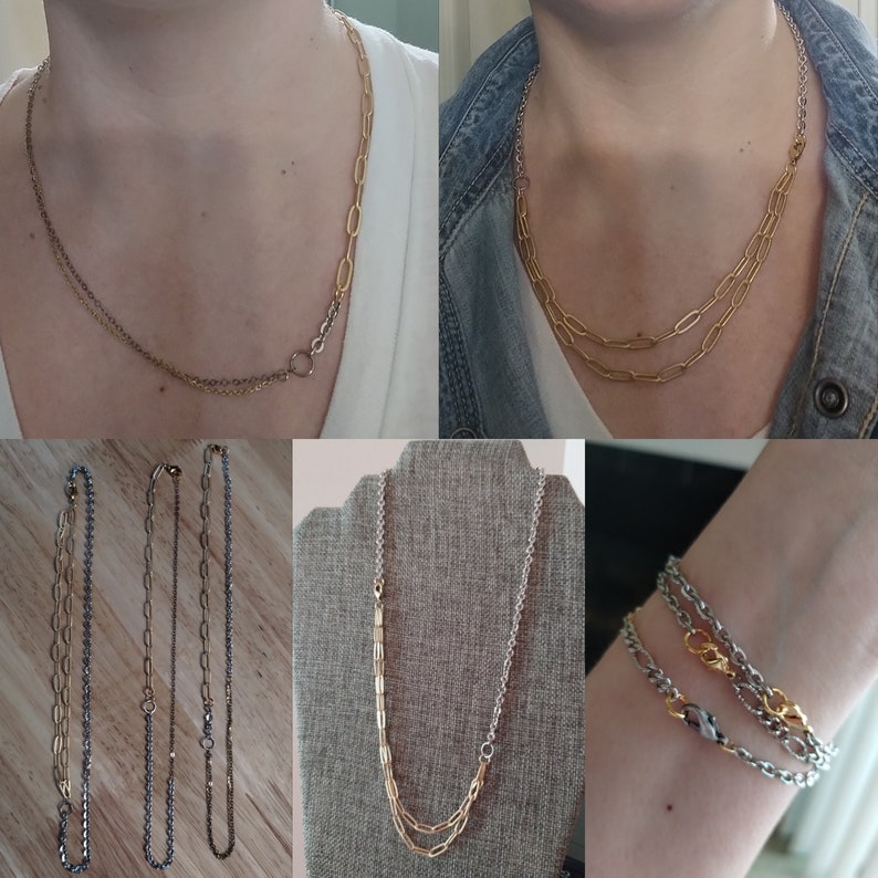 Mixed Metal Chains and Link Bracelets Layering Jewelry Gold and Silver ...
