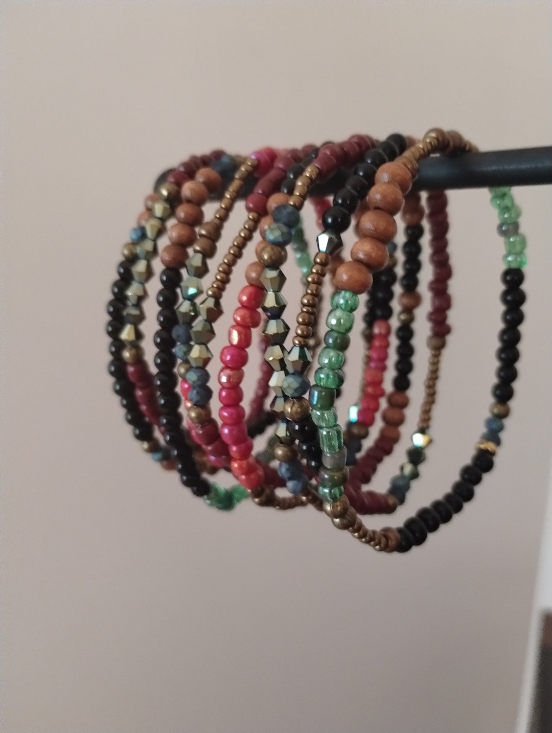 Glass Bead Skinny Stacking Bracelets/dark Red/gold/black/green/layering ...