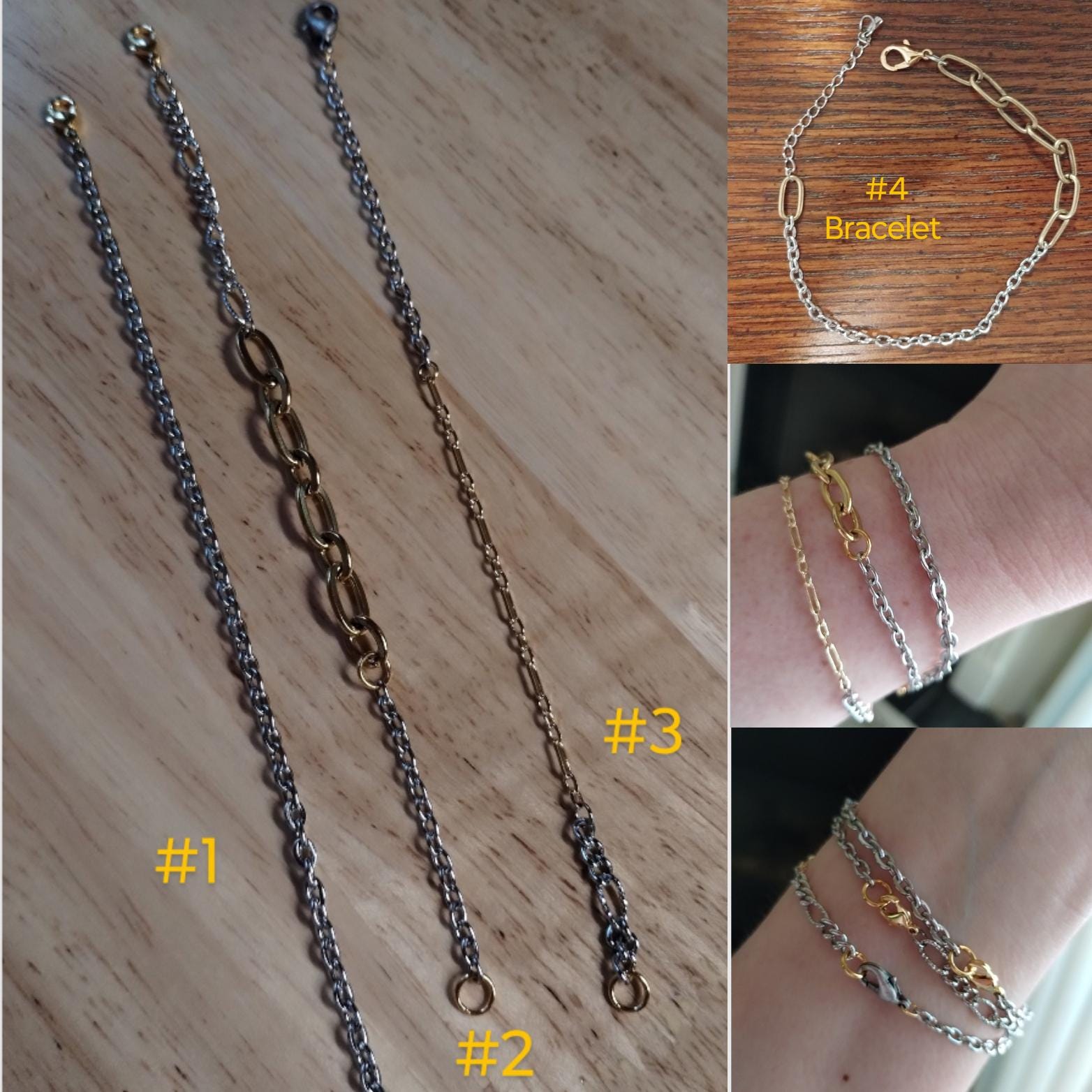 Mixed Metal Chains and Link Bracelets Layering Jewelry Gold and Silver ...