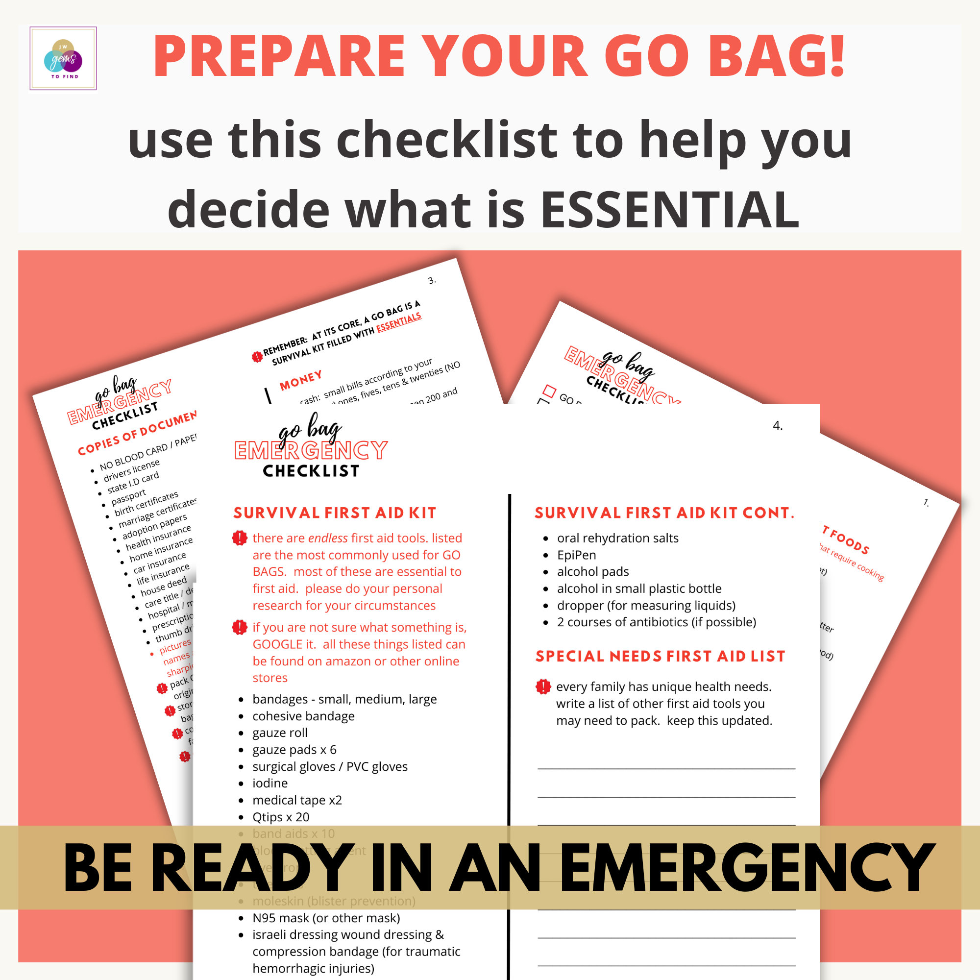 JW GO BAG Printable Emergency Go Bag Checklist Disaster Prep, Survival ... JW GO BAG Printable Emergency Go Bag Checklist Disaster Prep, Survival ...