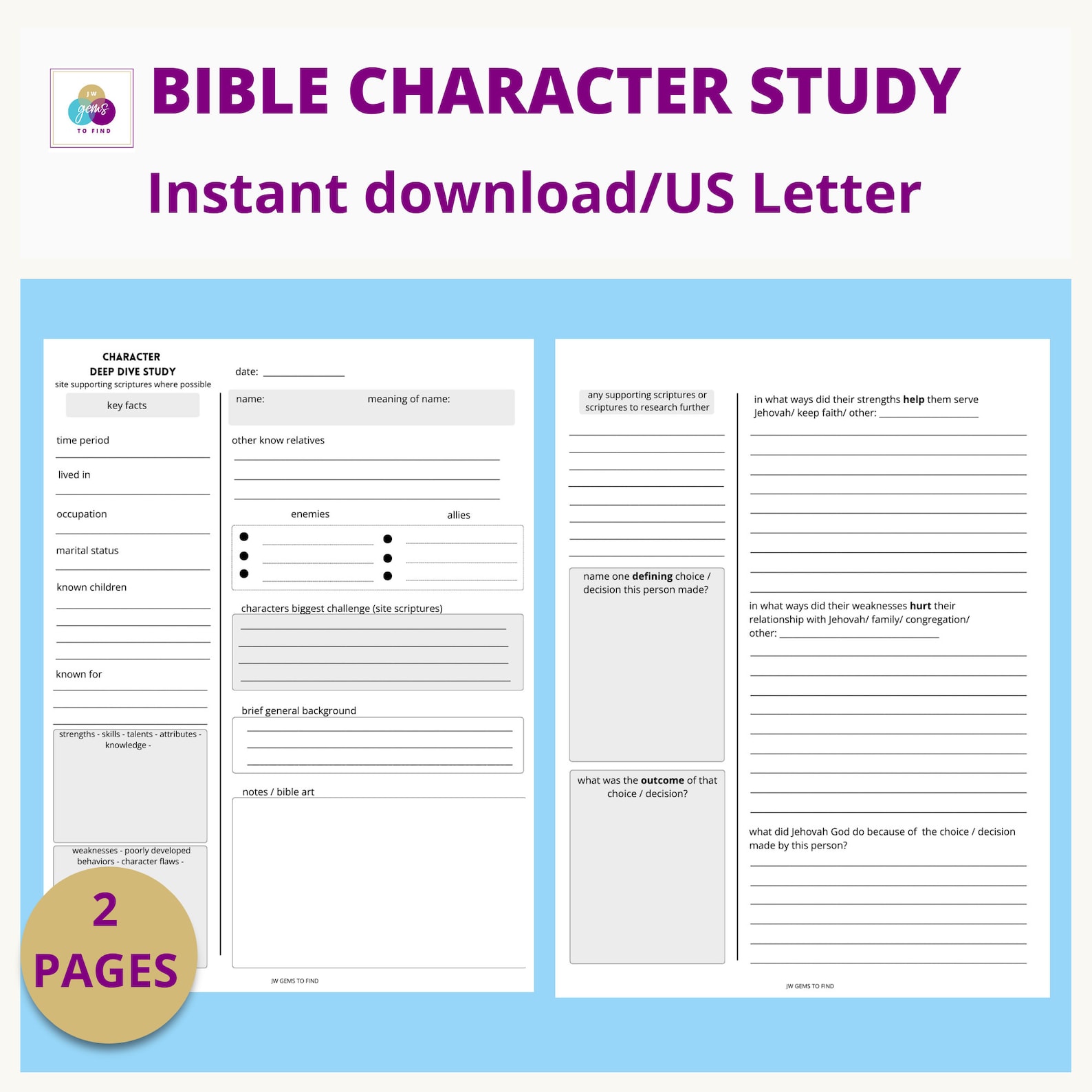 JW CHARACTER Bible Study, Personal Study Worksheets, Bible Character ...