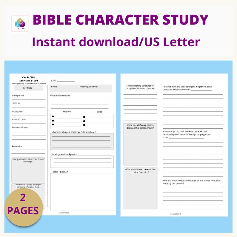 JW CHARACTER Bible Study, Personal Study Worksheets, Bible Character ...