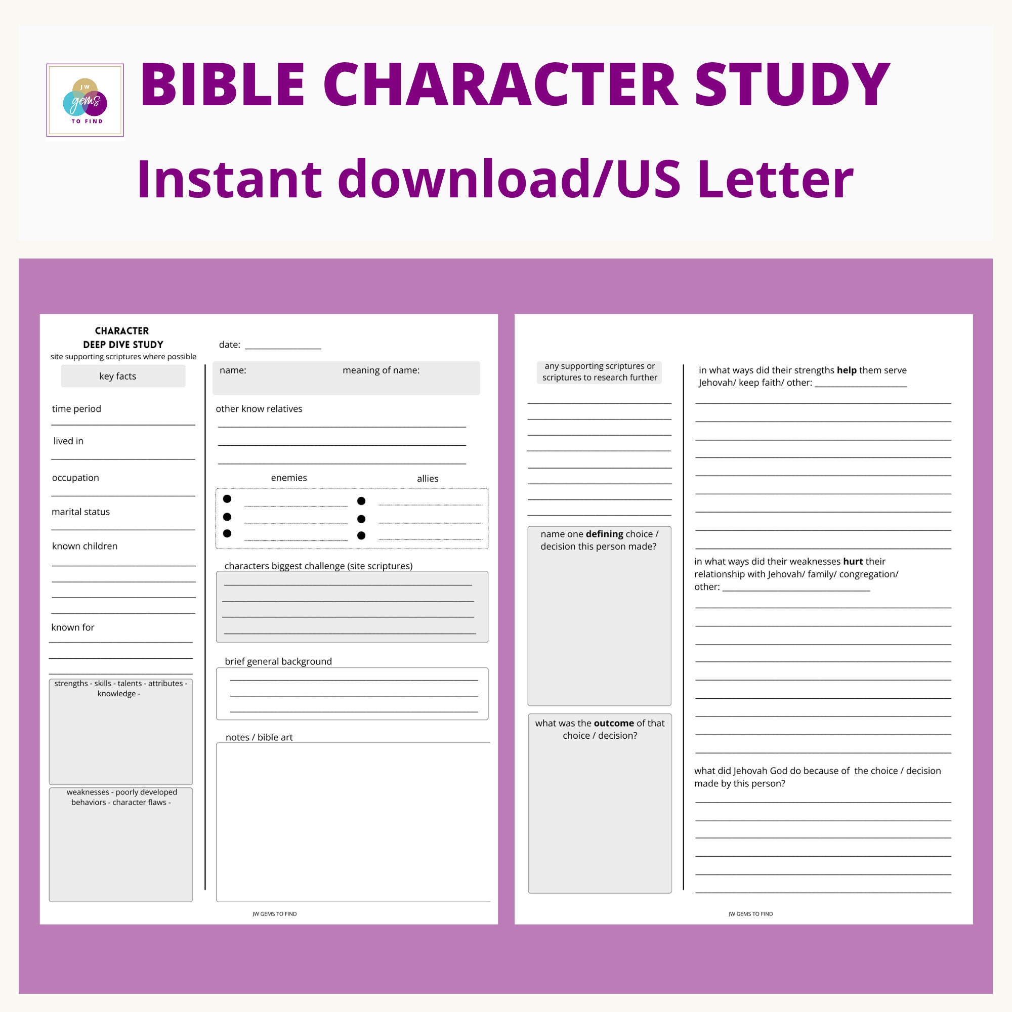 JW CHARACTER Bible Study, Personal Study Worksheets, Bible Character ...