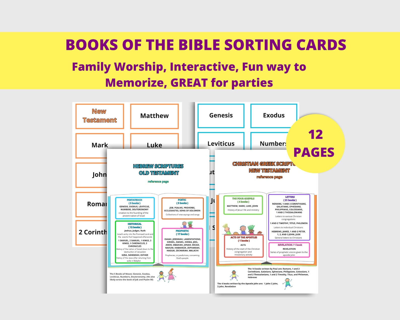 Books of the Bible Sorting Cards, Bible Memory Cards, Family Worship ...