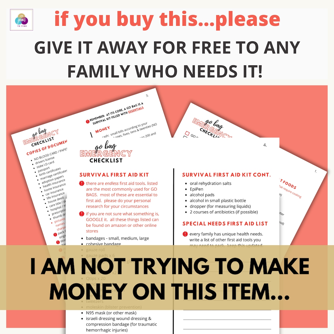 JW GO BAG Printable Emergency Go Bag Checklist Disaster Prep, Survival ...