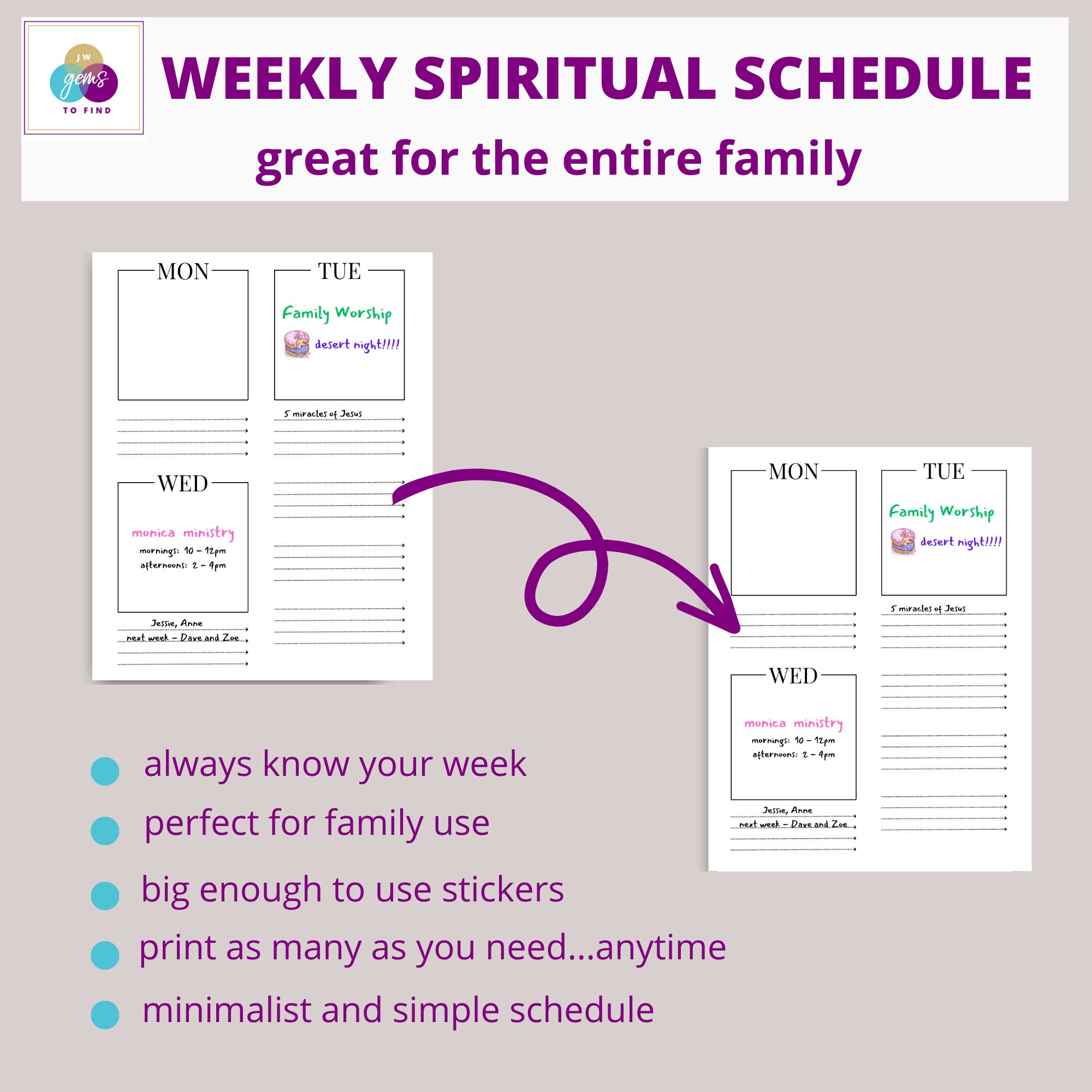 JW Weekly Spiritual Schedule, Weekly Planner, Family Planner, JW ...