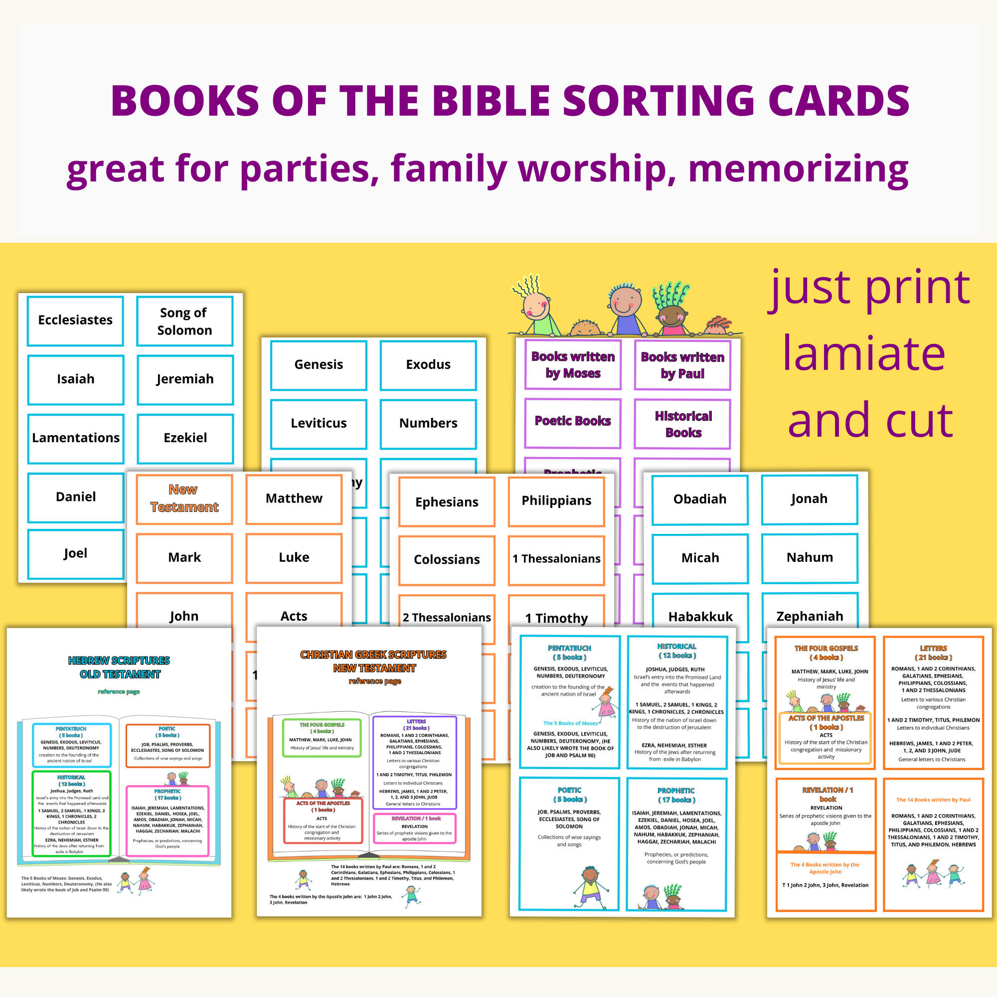Books of the Bible Sorting Cards, Bible Memory Cards, Family Worship ...