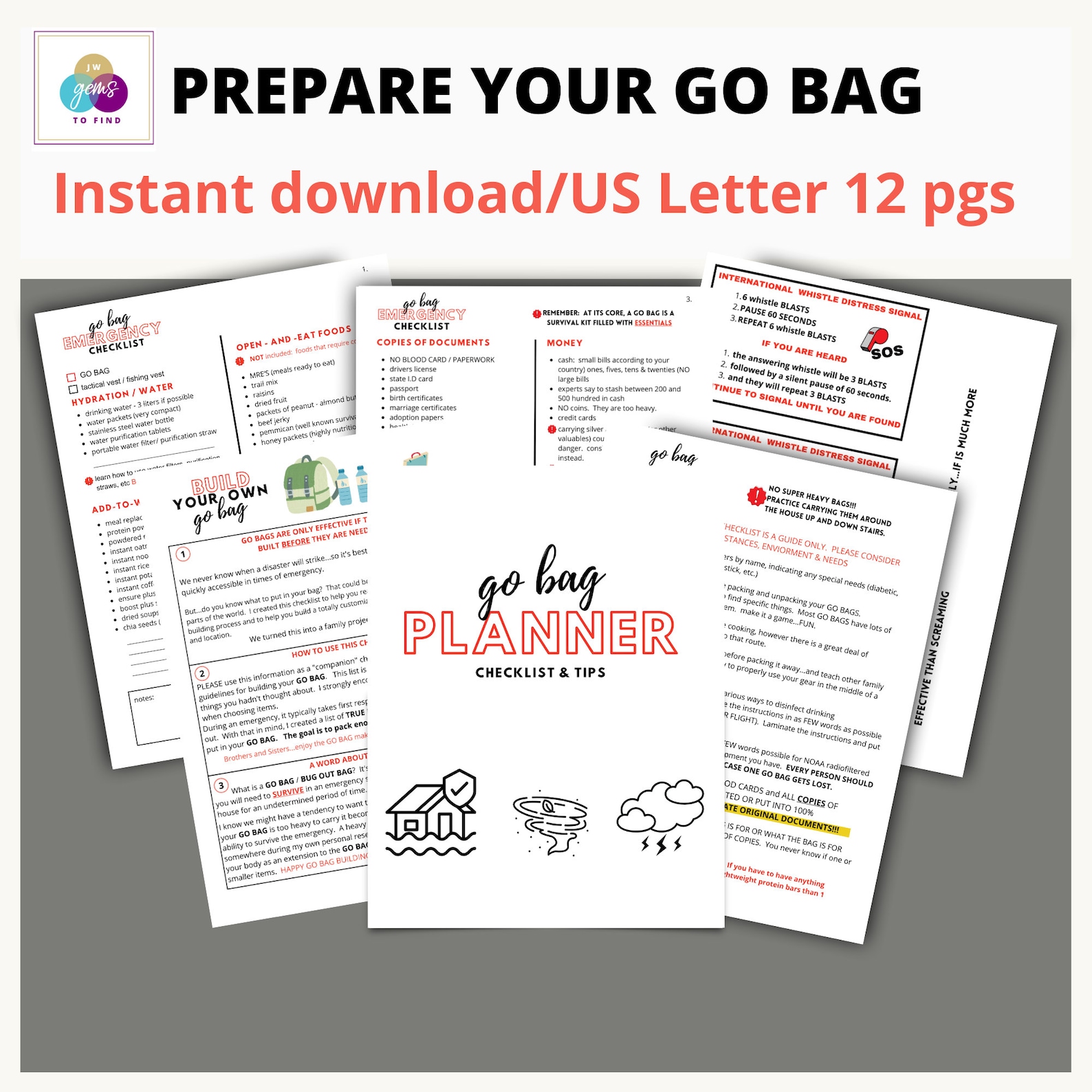 JW GO BAG - Printable Emergency Go Bag Checklist - Disaster Prep ...