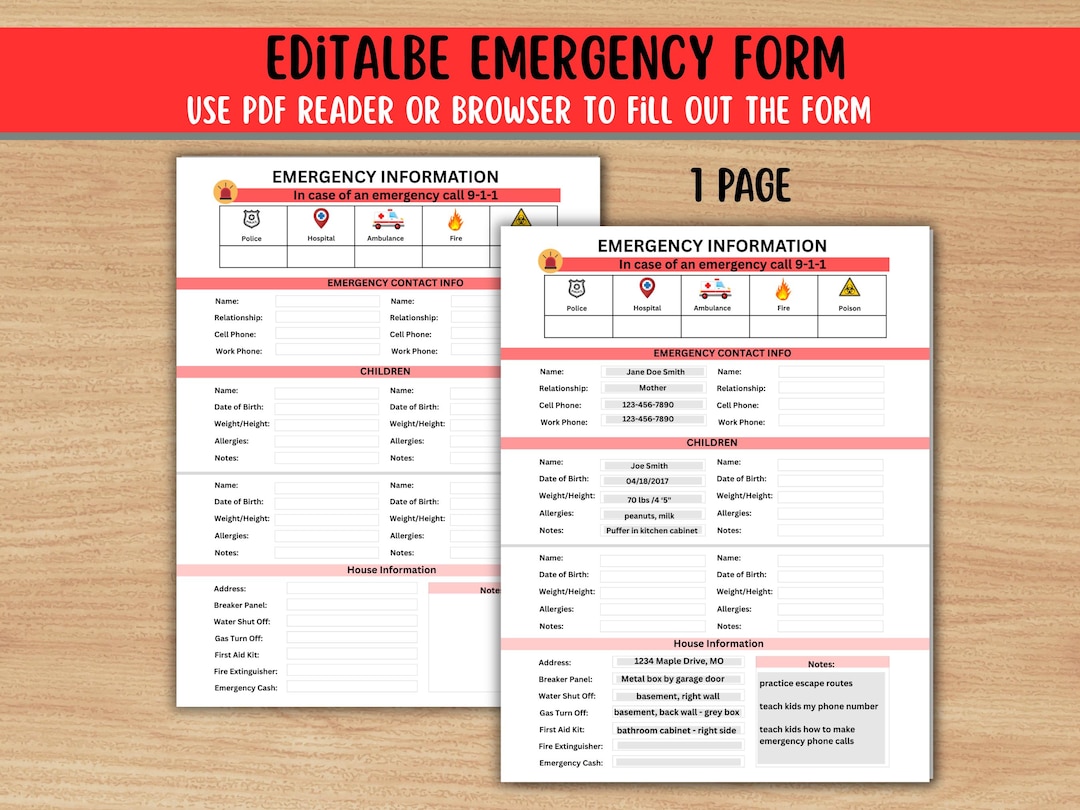 Editable PDF, Emergency Preparedness Sheet | Family Emergency Info ...