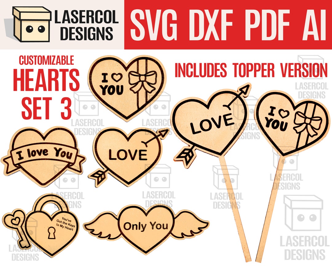 Heart Shaped Cut Outs and Toppers Set 3 Laser Cut Files Glowforge Files ...