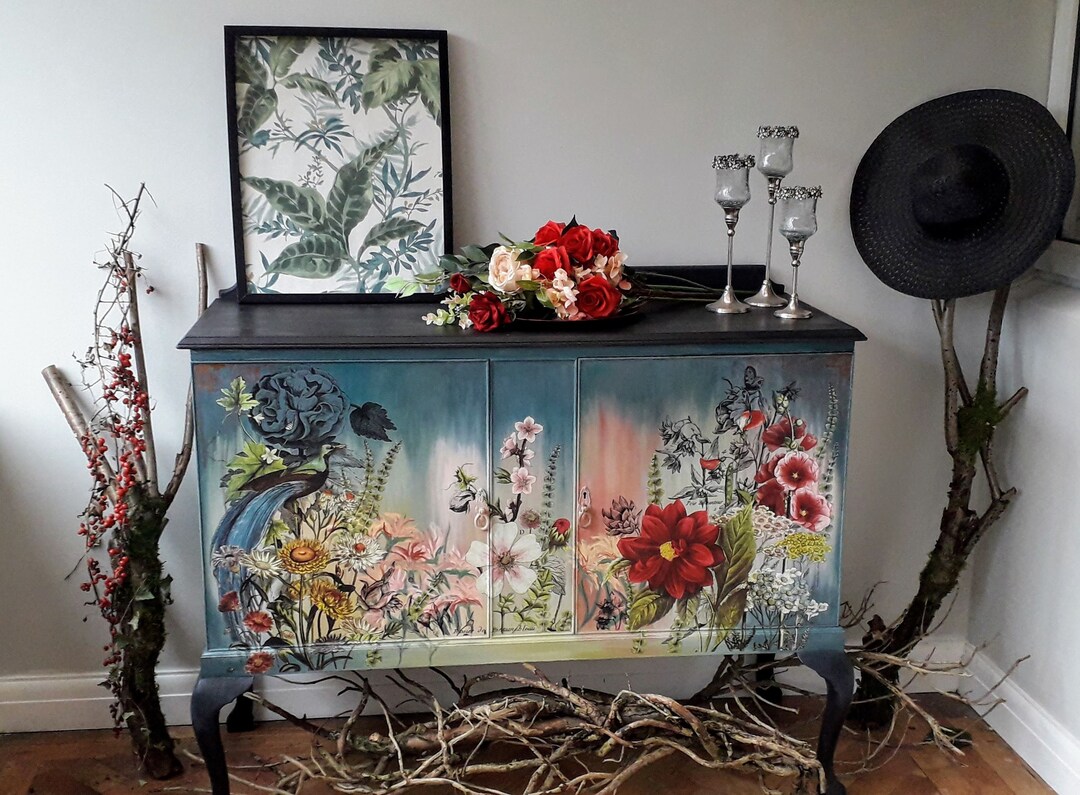 SOLD Upcycled Vintage Sideboard, Hand-painted Midnight Garden Floral ...