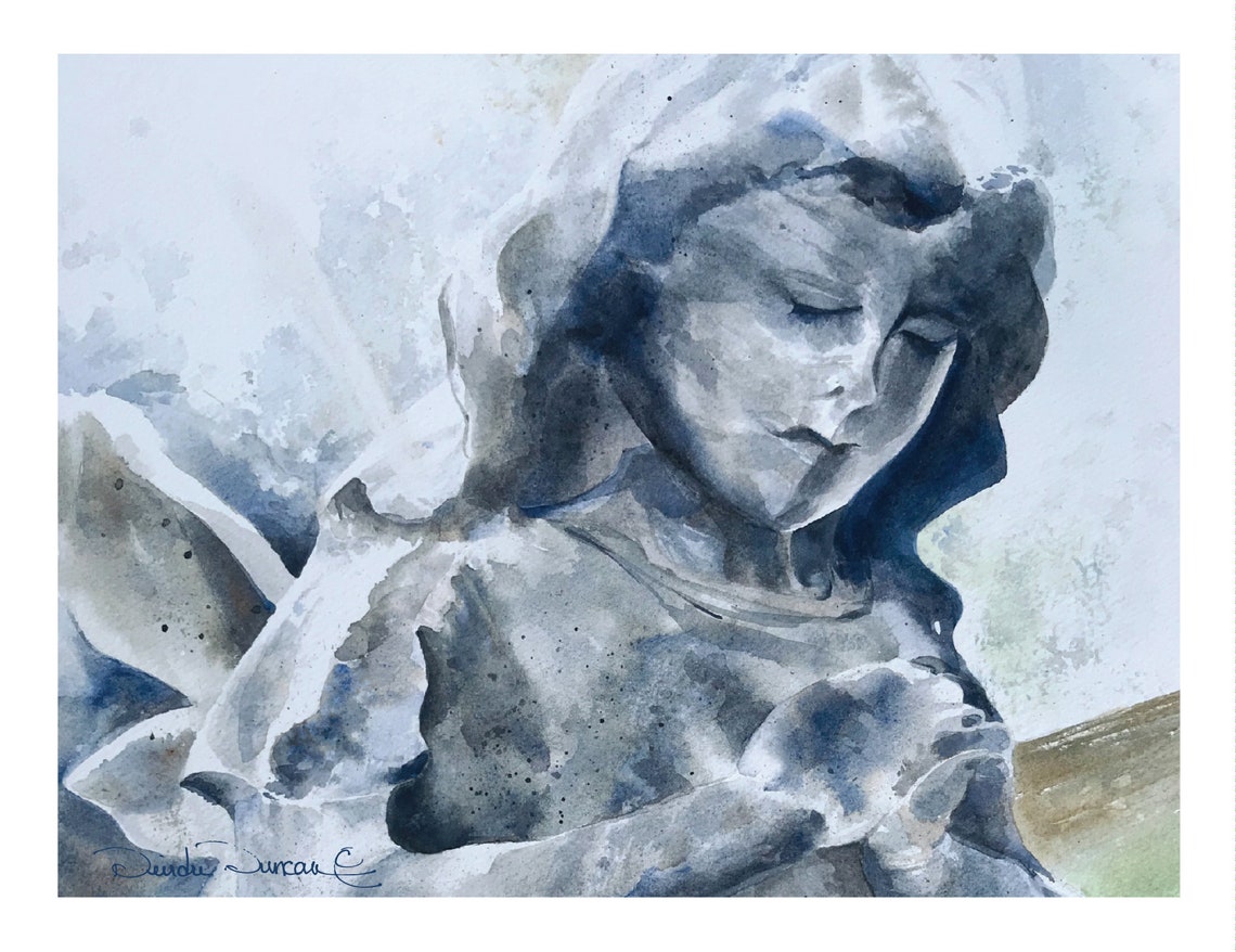 Stone Angel Note Card of Original Watercolor Painting, 4.25x5.5 Size ...