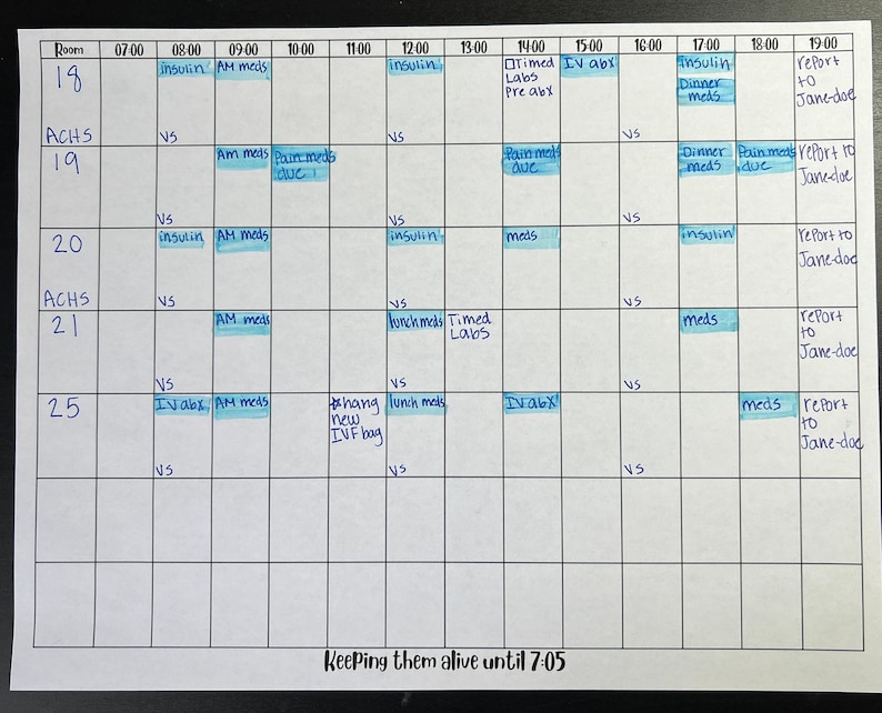Nurse Hourly Schedule Sheet for 12 Hour Shift, Report Sheet, Medication ...