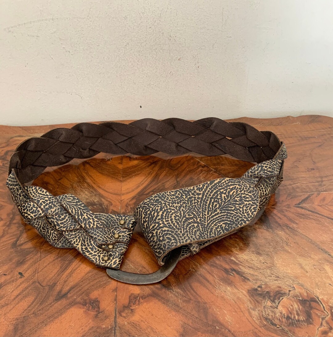 Wide Braided Leather Belt Tan and Dark Brown Tooled Leather - Etsy