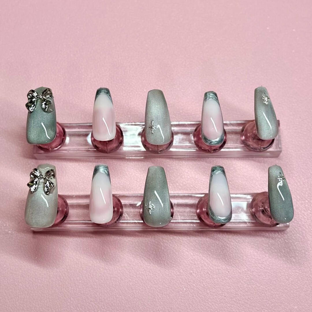 Silver Bows | Coffin Shape Press on Nails | Faux Nails | Handmade Press ...