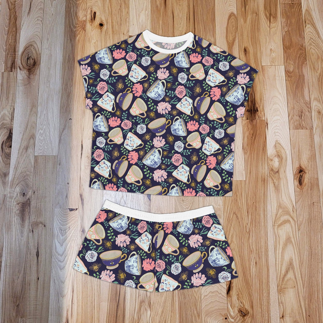 Regency Era Tea Cups & Roses Women's Short Pajama Set Pjs Gift for ...