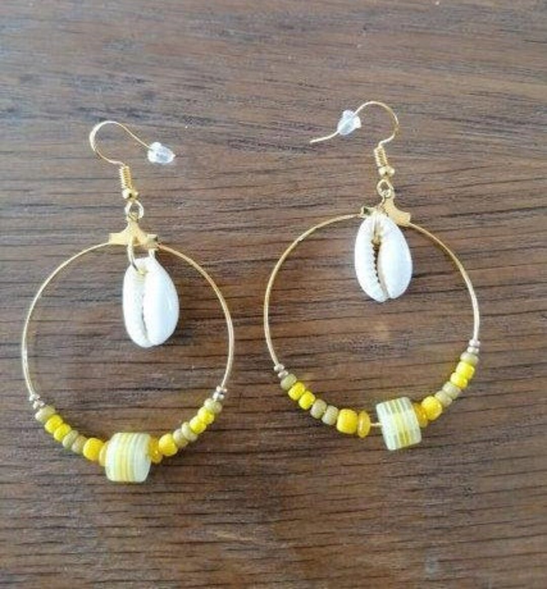 Golden Creoles Shells Cowries and Orange Pearls - Etsy UK