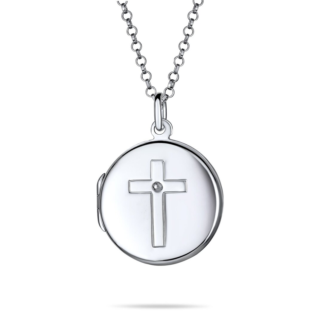 Religious Round Circle Cross Locket Necklace Holds Pictures 925 Silver ...
