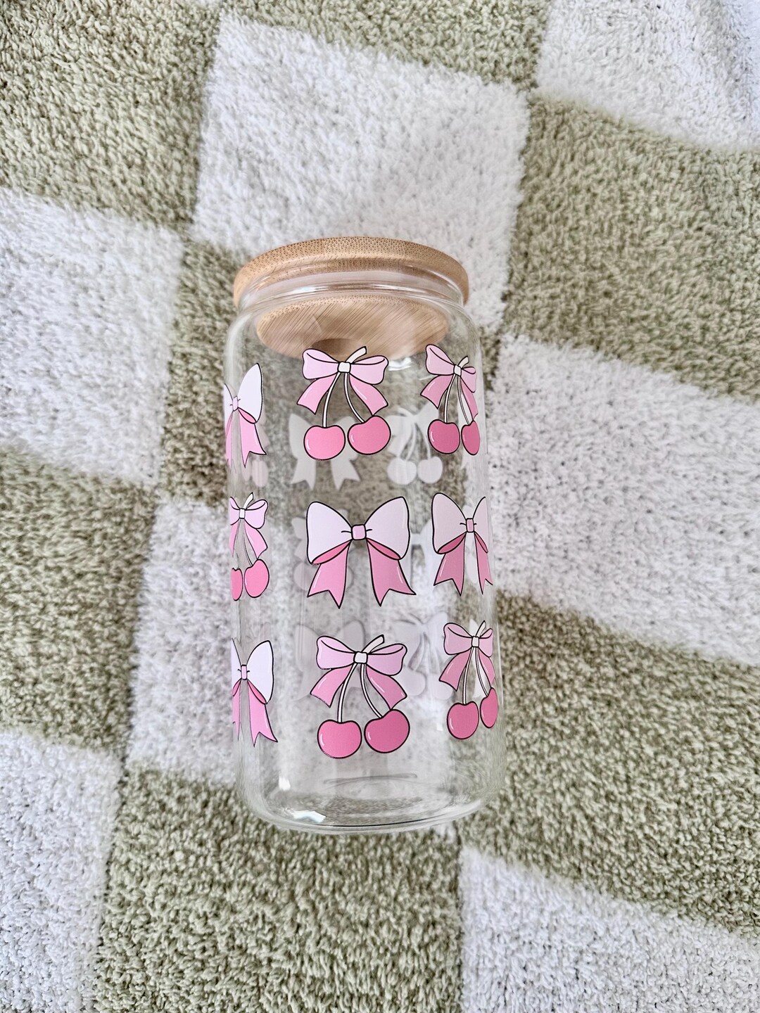 Pink Bows & Cherries Glass Cup – 16oz UV Printed Tumbler With Bamboo ...