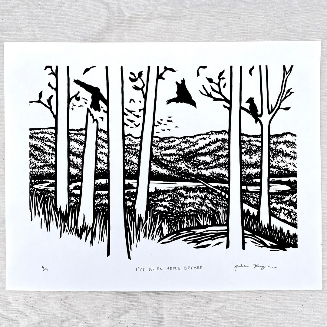 Forest Valley Landscape / Linocut Print / Titled “i’ve Been Here Before ...
