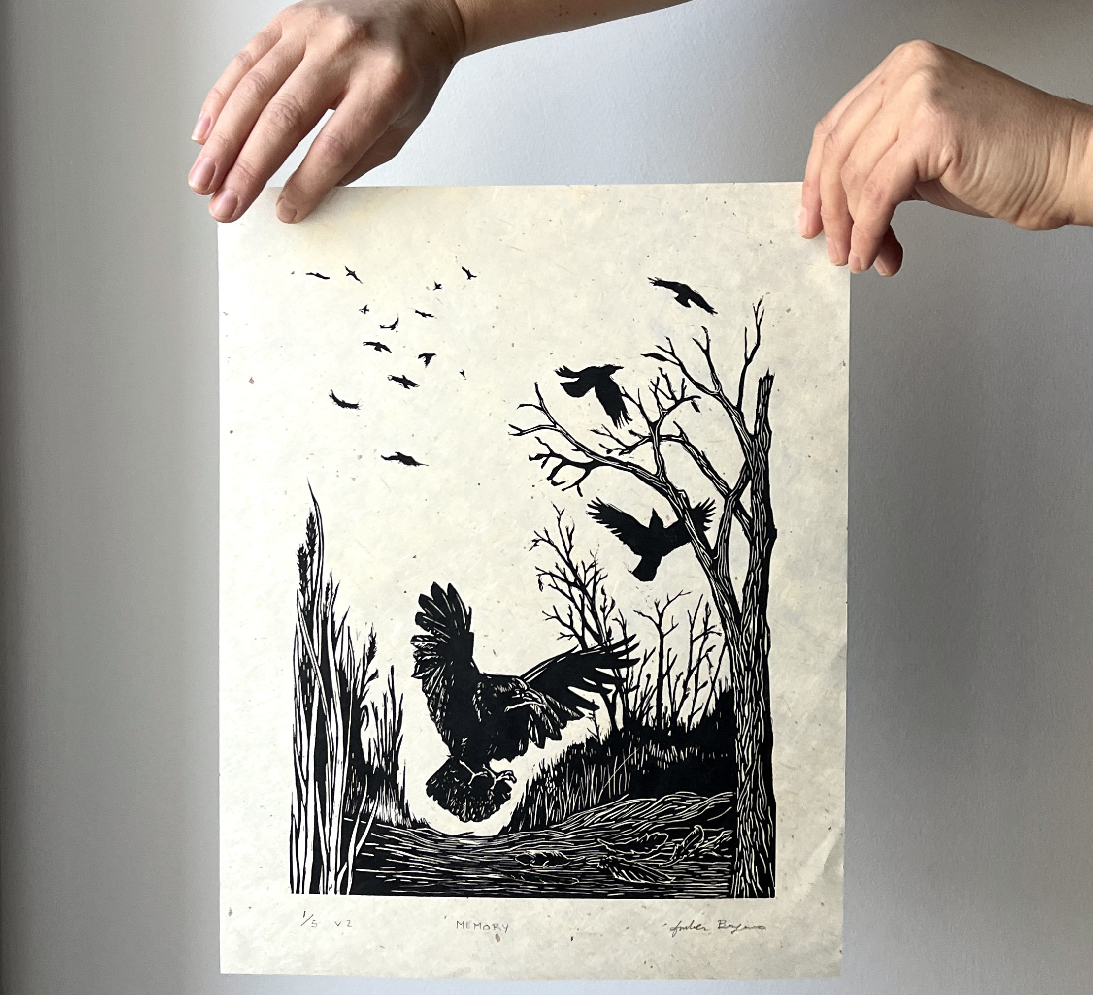 Memory Linocut Block Print of Crows and Nature - Etsy