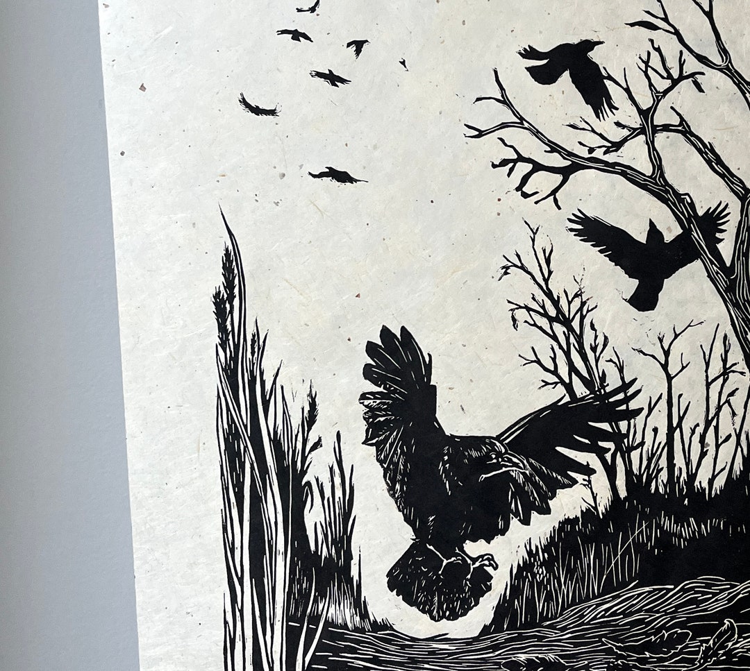 Memory Linocut Block Print of Crows and Nature - Etsy