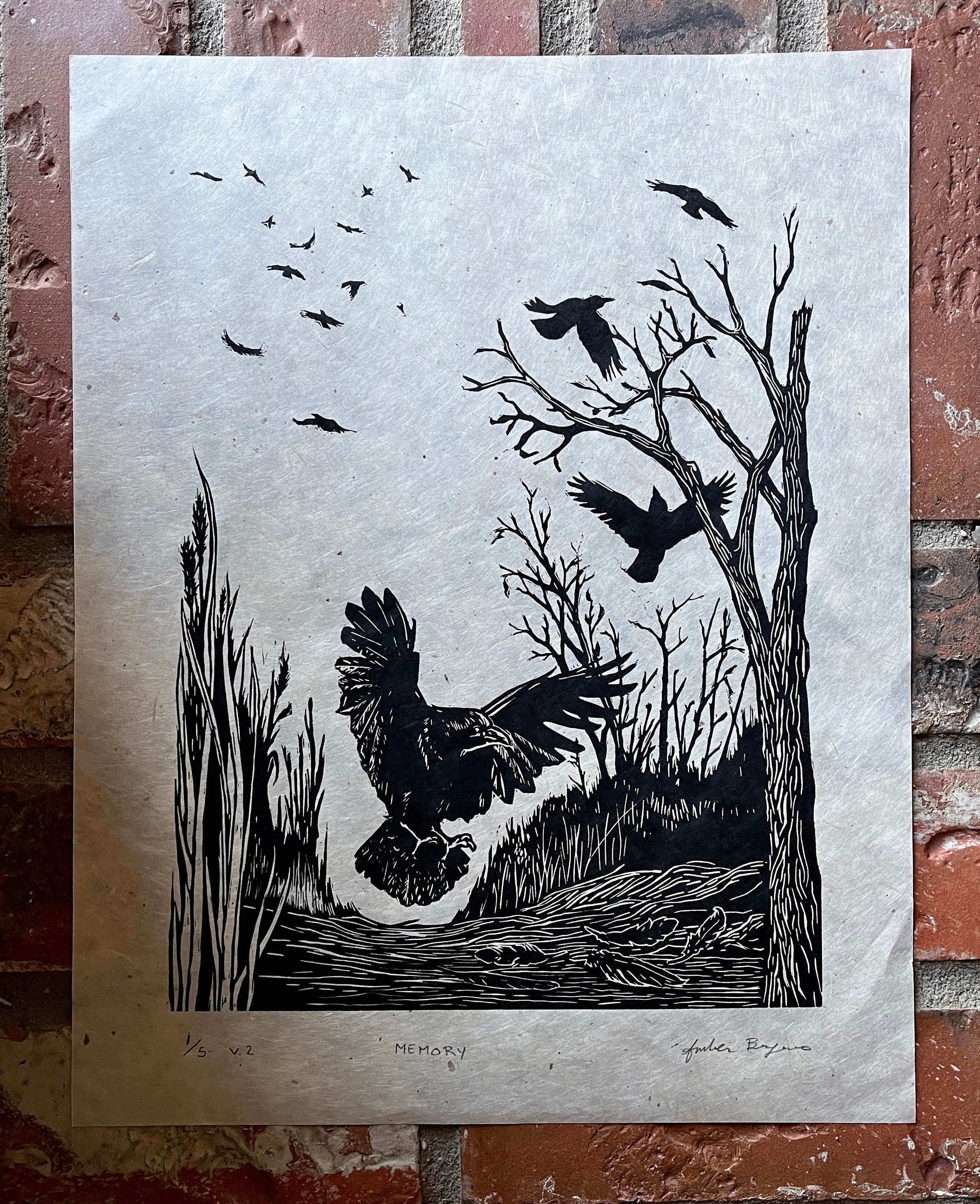 Memory Linocut Block Print of Crows and Nature - Etsy