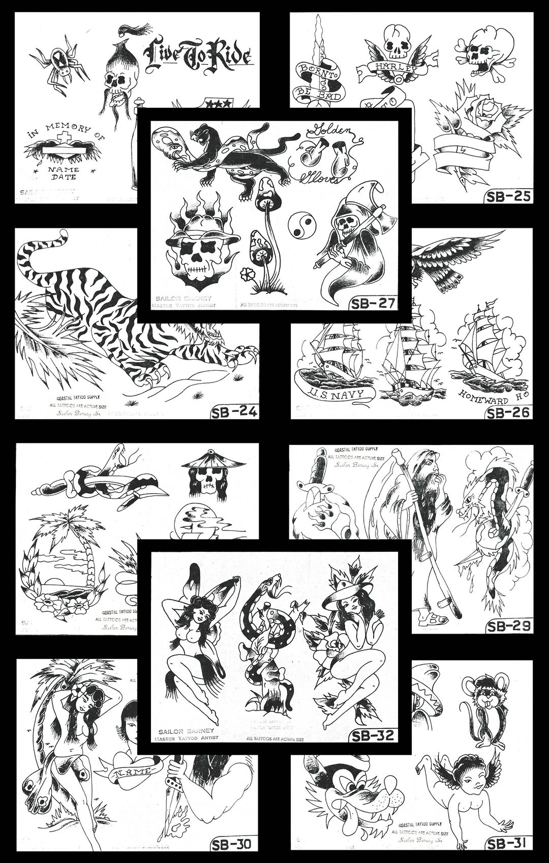 RARE 1970's Sailor Barney Traditional Vintage Style Tattoo Flash Set 10 ...