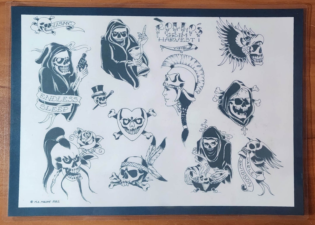RARE 1982 Mike Rollo Malone Vintage Tattoo Flash Sheet Biker Reaper ...