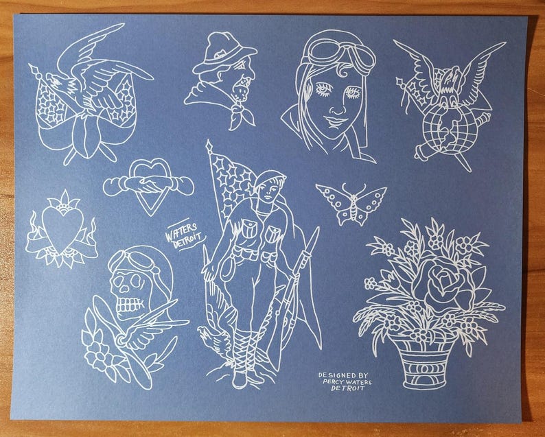Percy Waters Traditional Vintage Style Tattoo Flash Sheet Eagle Pilot ...