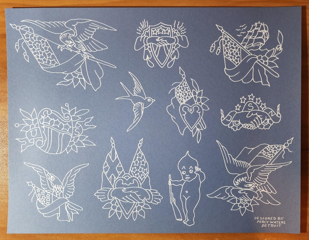 Percy Waters Traditional Vintage Style Tattoo Flash Sheet Eagle Ship ...