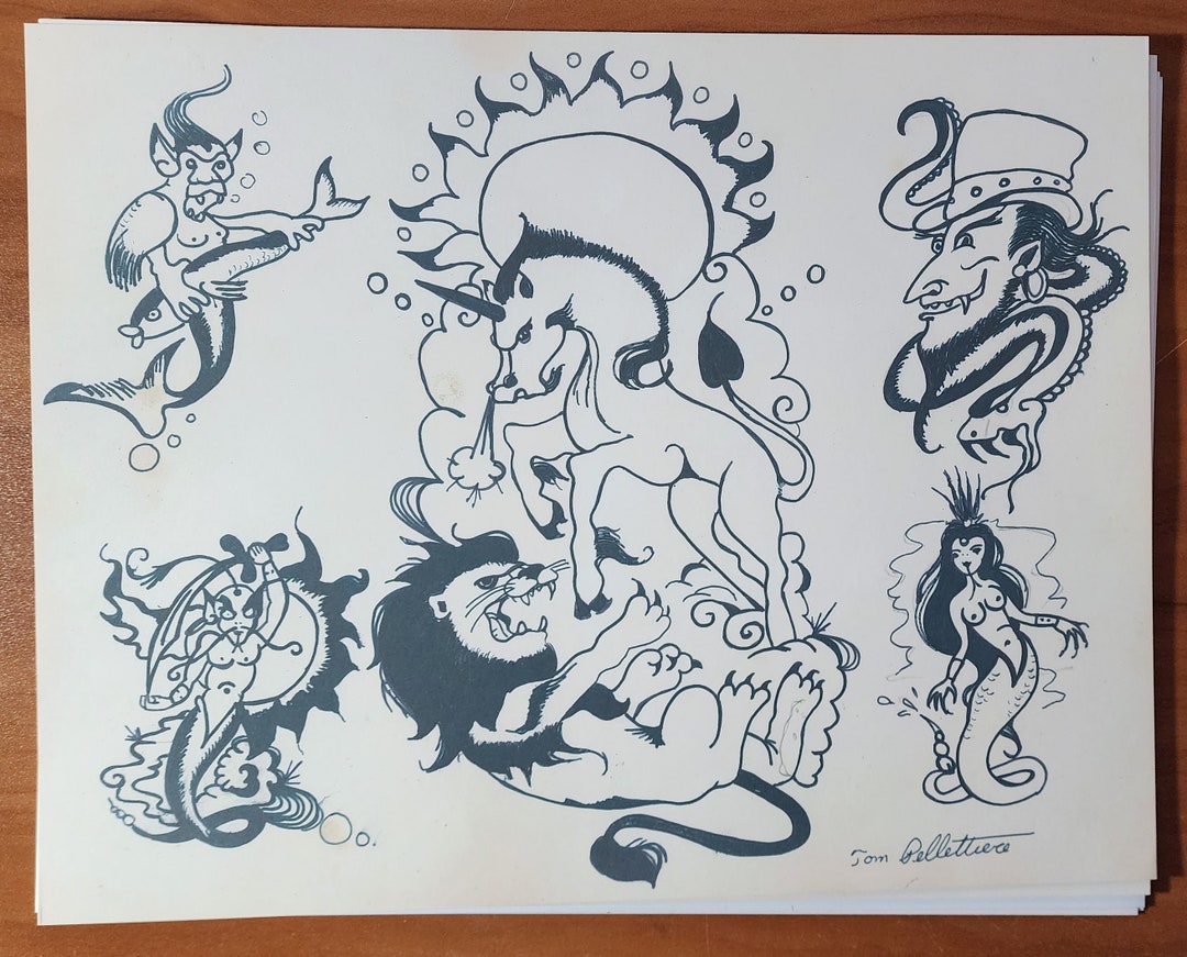 Rare 1960's Tom Pelletier Milton Zeis Vintage Tattoo Flash Sheet Set of ...