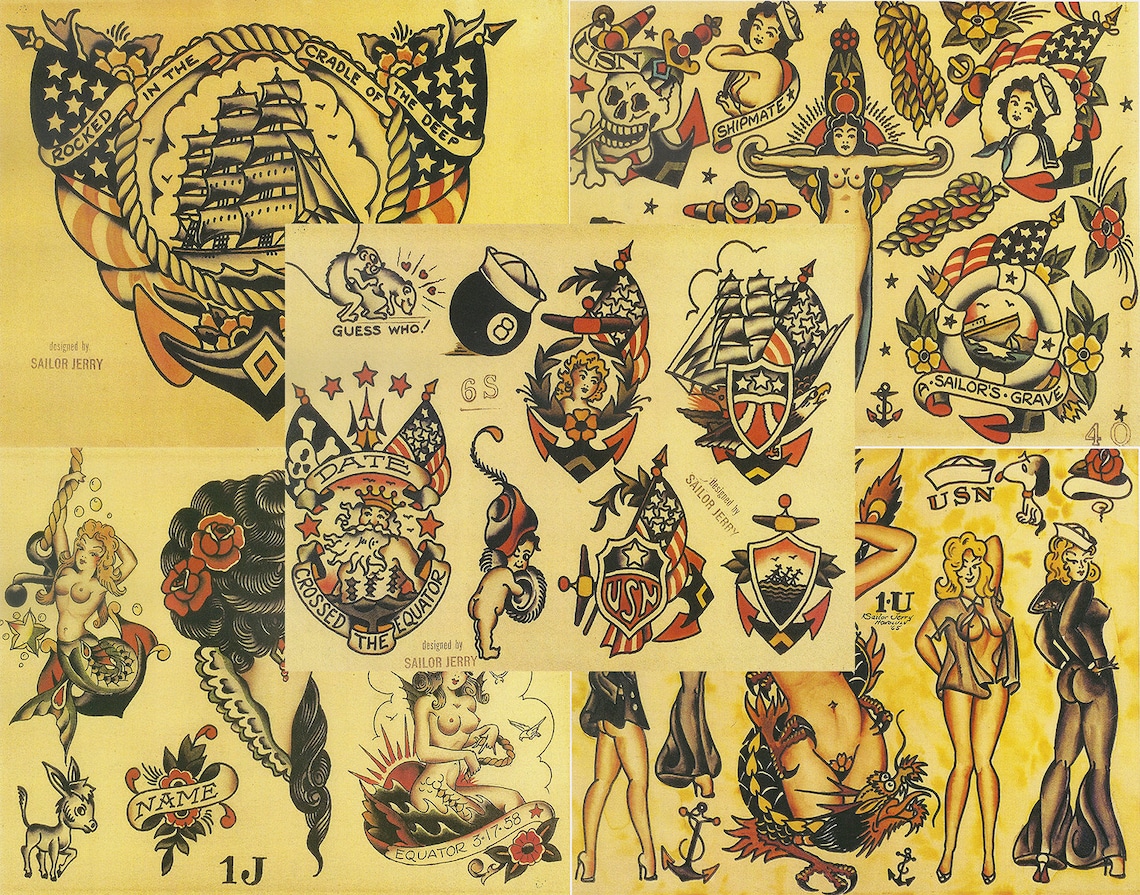 Sailor Jerry Traditional Vintage Style Tattoo Flash 5 Sheets 11x14 Old ...