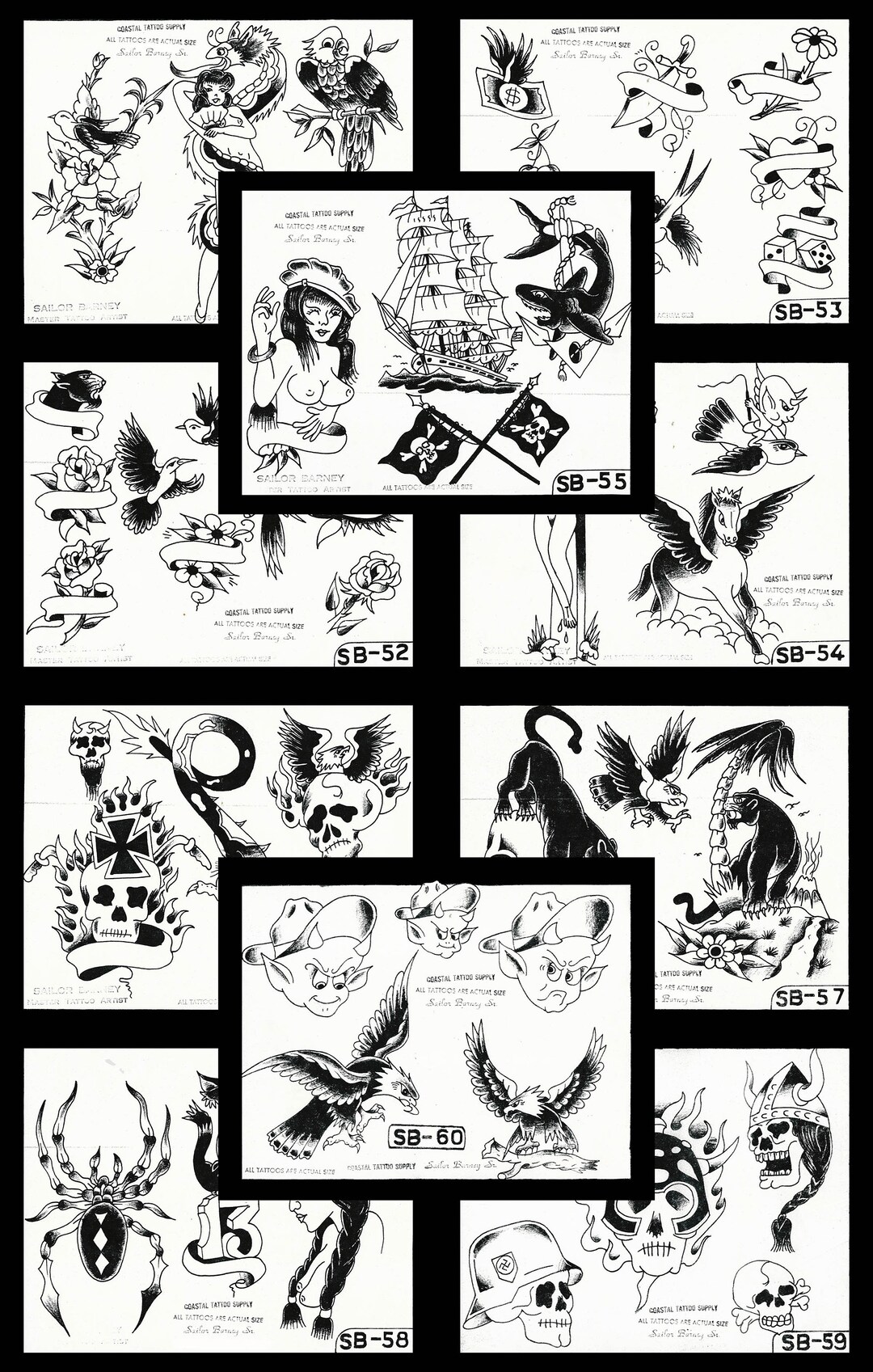 RARE 1970's Sailor Barney Traditional Vintage Style Tattoo Flash Set 10 ...