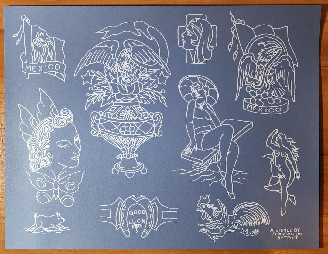 Percy Waters Traditional Vintage Style Tattoo Flash Sheet Mexico ...