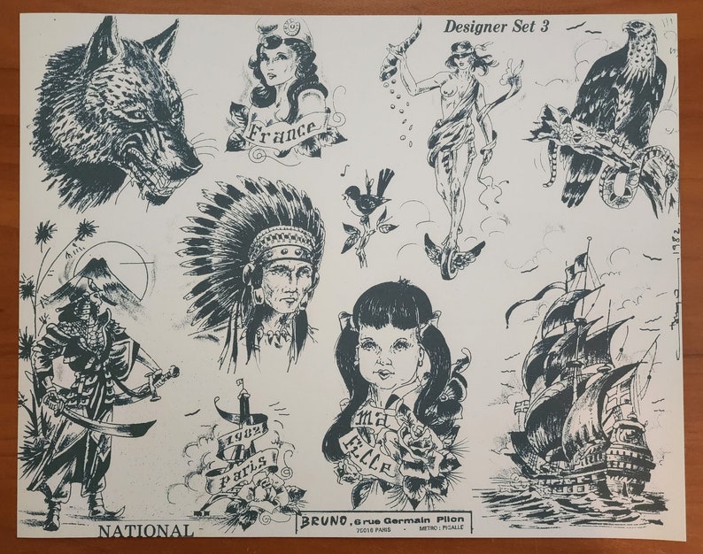 Traditional Vintage 1981 National 25 Sheet Tattoo Flash Set Designer ...