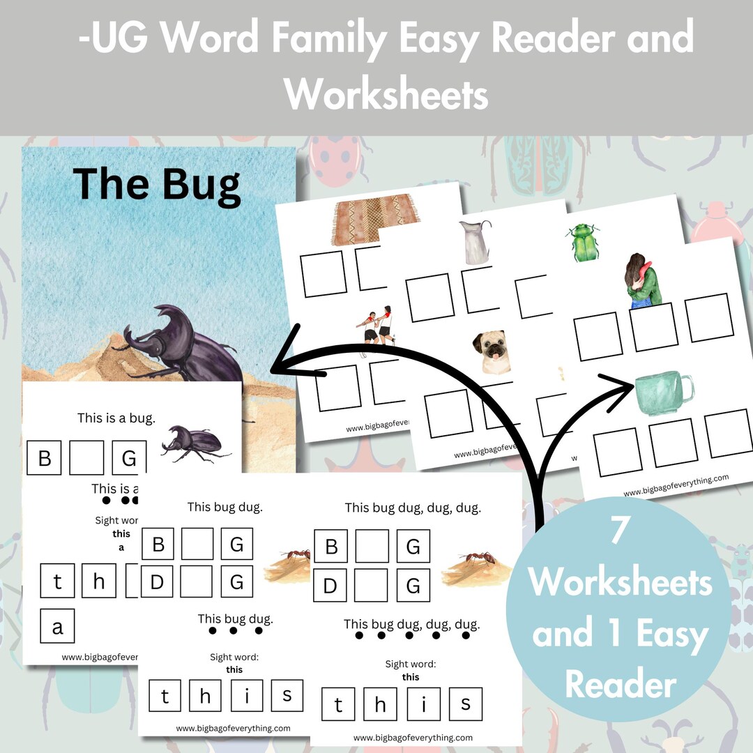 Short U Word Family Phonics Worksheets | Phonics Easy Reader | -UG Word ...