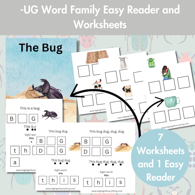 Short U Word Family Phonics Worksheets | Phonics Easy Reader | -UG Word ...