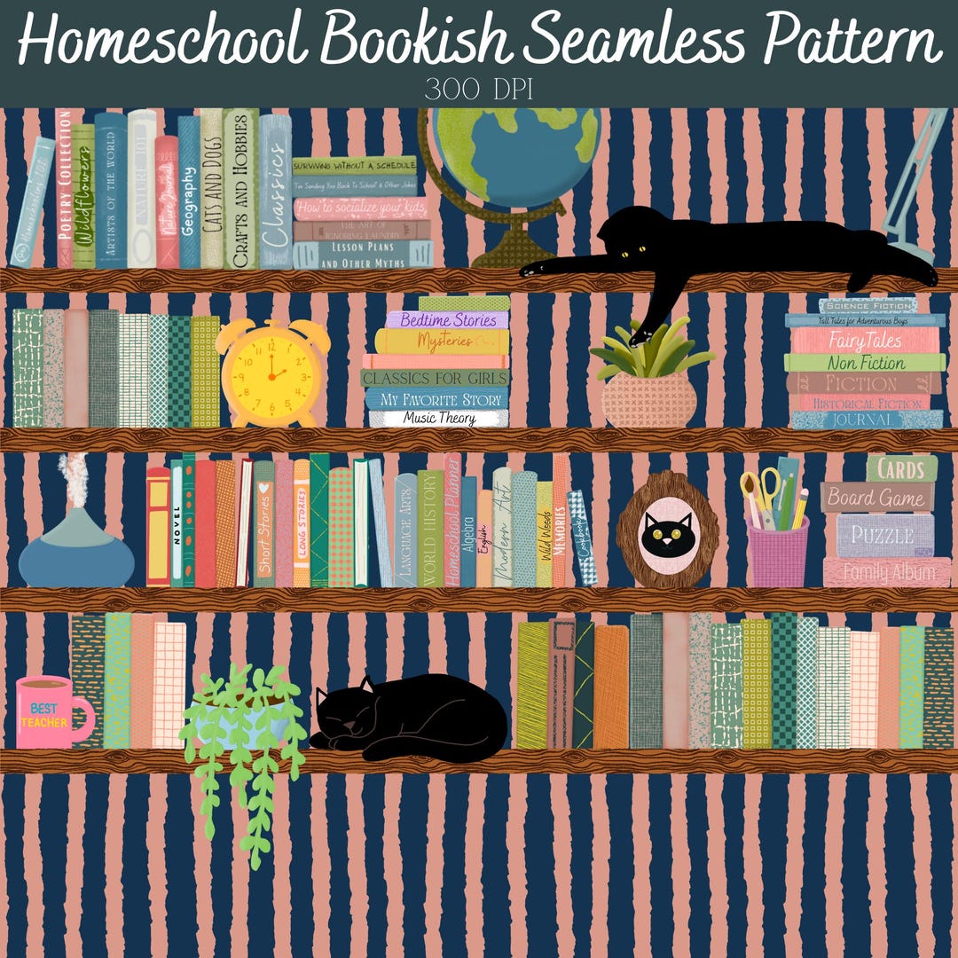 Homeschool Mom Bookshelf Seamless Pattern Book Lovers Bookish Bookcase ...